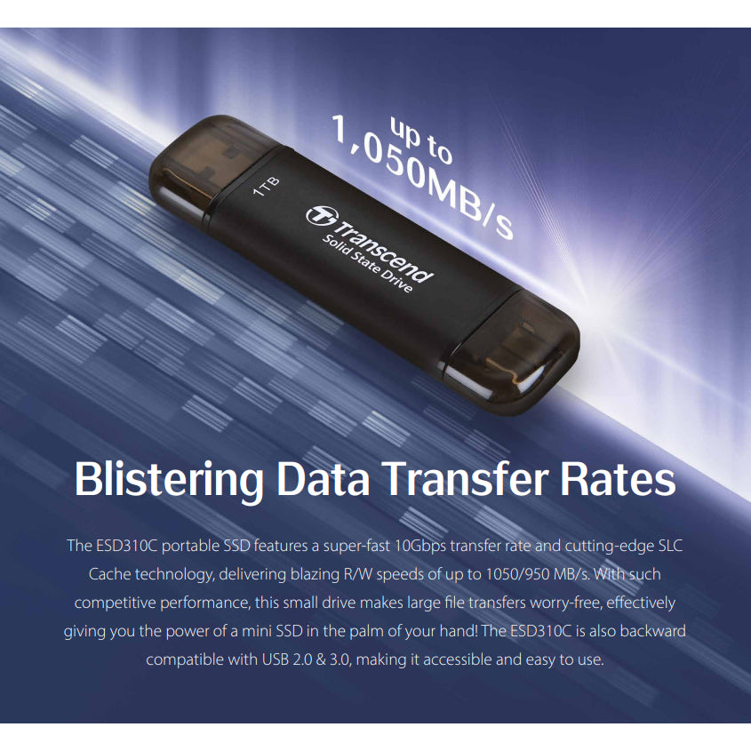 Transcend ESD310C 3D NAND Portable External SSD with USB 3.2 Type-A an ...