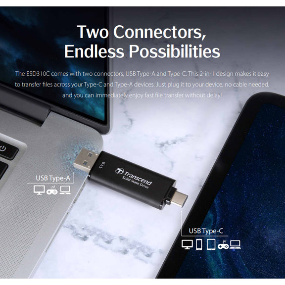 Transcend ESD310C 3D NAND Portable External SSD with USB 3.2 Type-A an ...