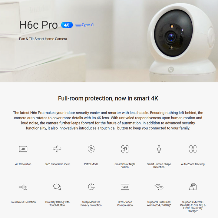 Ezviz H6c Pro 4K 8MP Pan/Tilt Smart Home Camera Type-C Security Camera ...