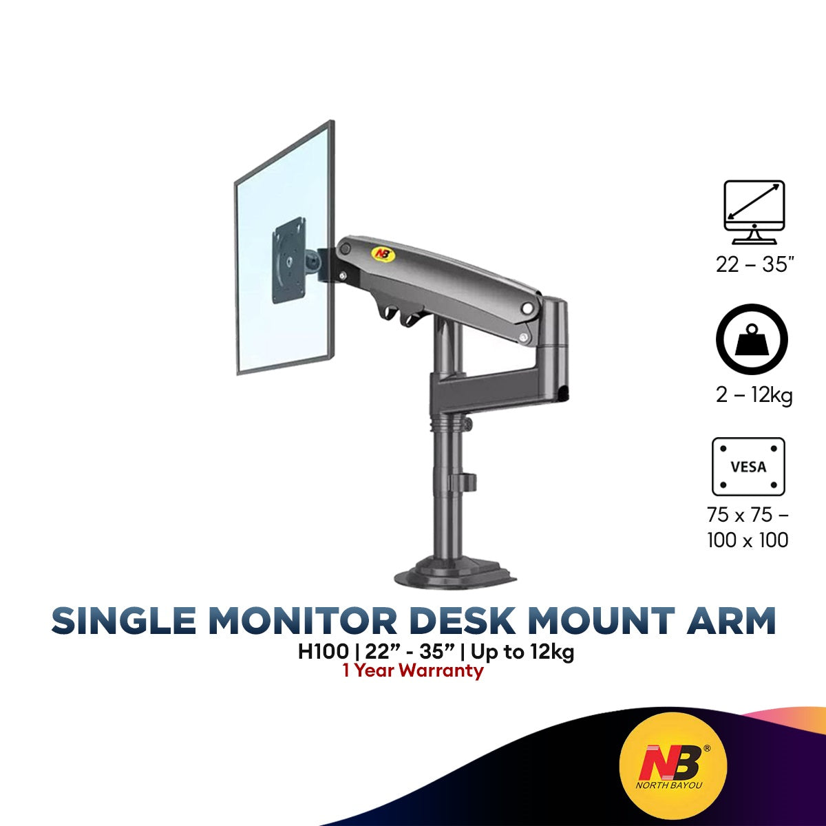 NB North Bayou H100 22 - 35 Inch Gas Strut Single Arm Monitor Desk Mou ...