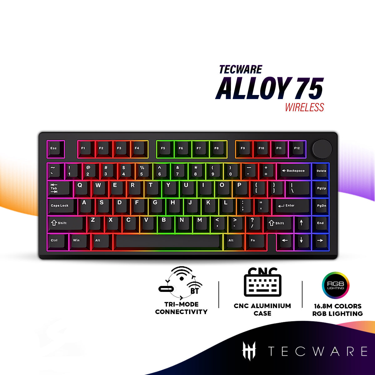 TECWARE Alloy 75 Wireless RGB Gaming Keyboard with Full CNC Aluminum C ...