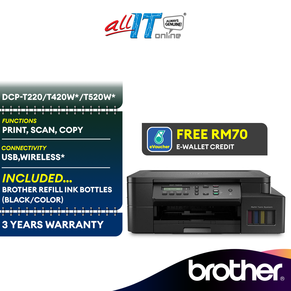 Brother DCP-T220 / Brother DCP-T420W / Brother DCP-T520W A4 3-in-1 Wir ...