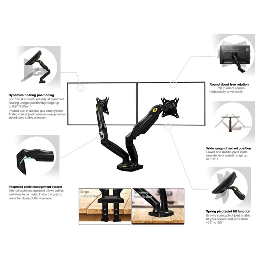 NB North Bayou F160 17 - 27 Inch Gas Strut Dual Arm Monitor Desk Mount ...