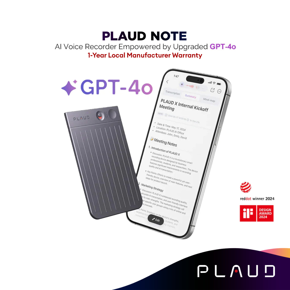 PLAUD NOTE AI Voice Recorder with Case - App Control, Transcribe & Sum ...