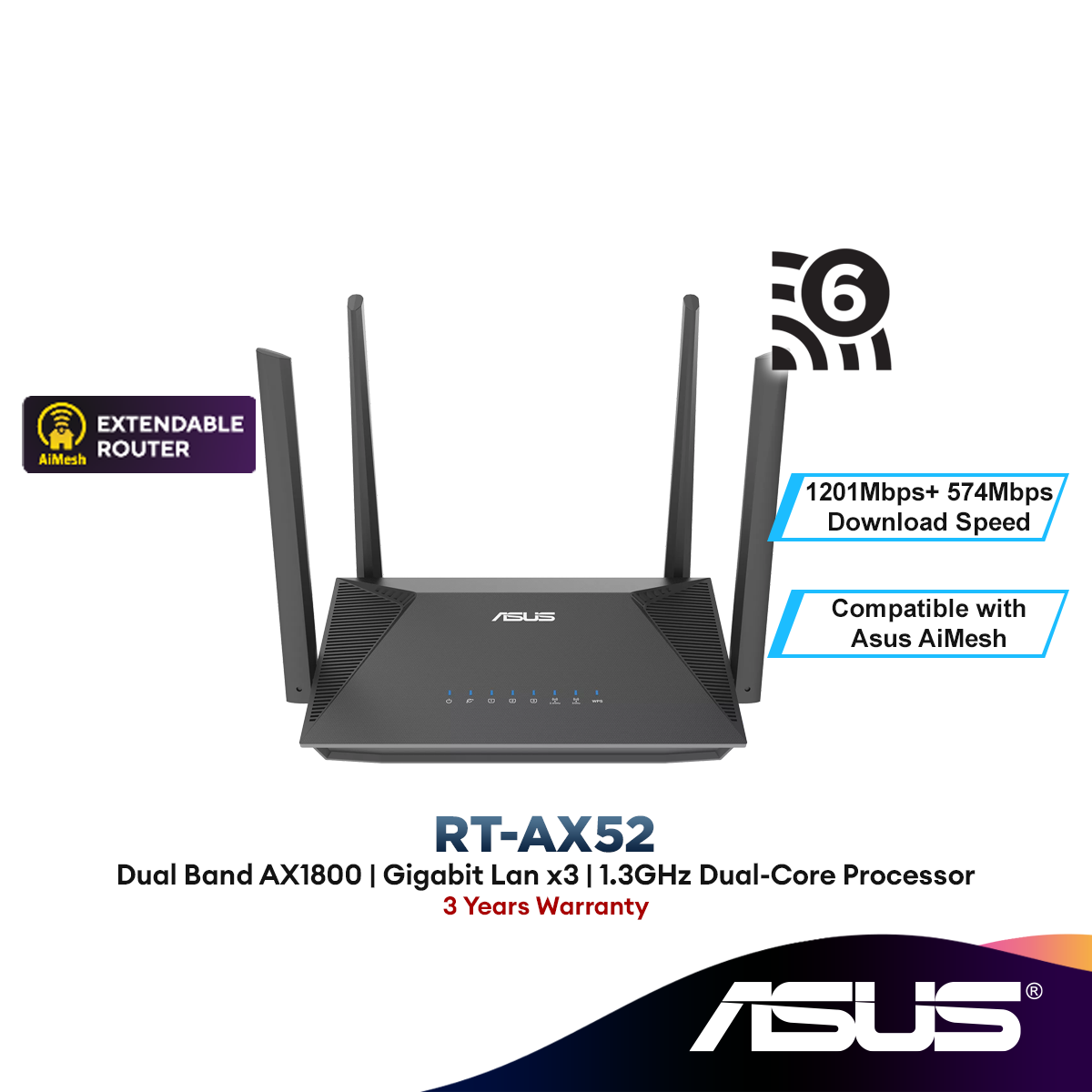 Asus RT-AX52 AX1800 Dual Band WiFi 6 Extendable Router | Parental Cont ...