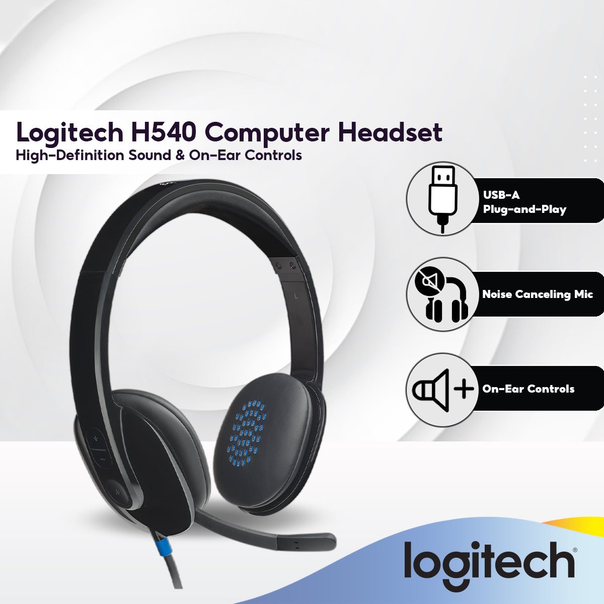 Logitech H540 Wired USB Headset with Noise-Cancelling Microphone | On ...