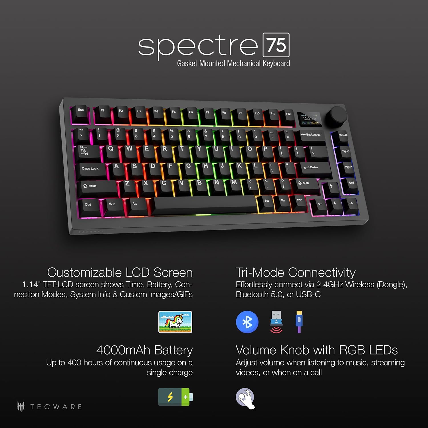 TECWARE Spectre 75 / 96 Wireless RGB Mechanical Gaming Keyboard with M ...