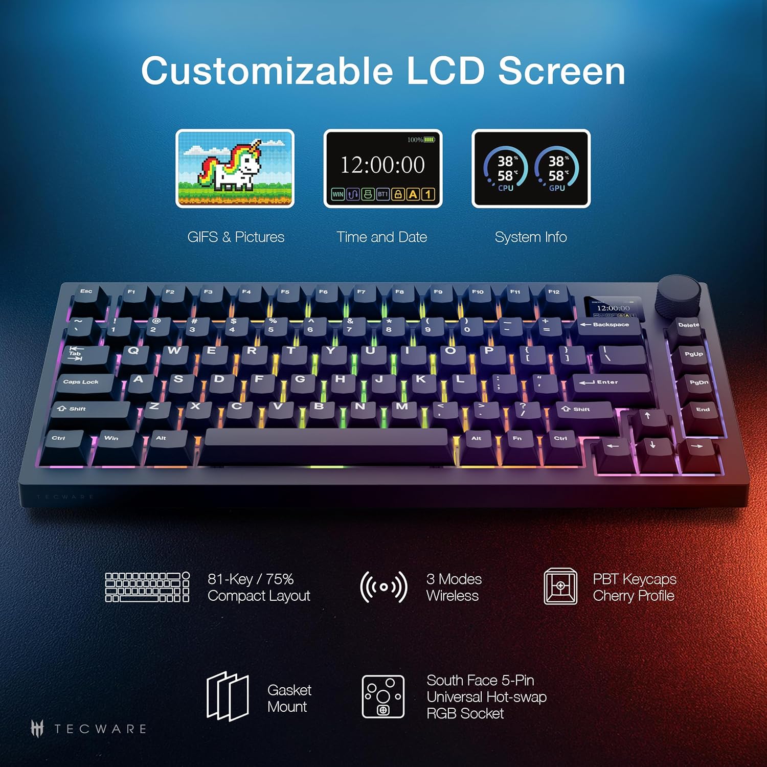 TECWARE Spectre 75 / 96 Wireless RGB Mechanical Gaming Keyboard with M ...