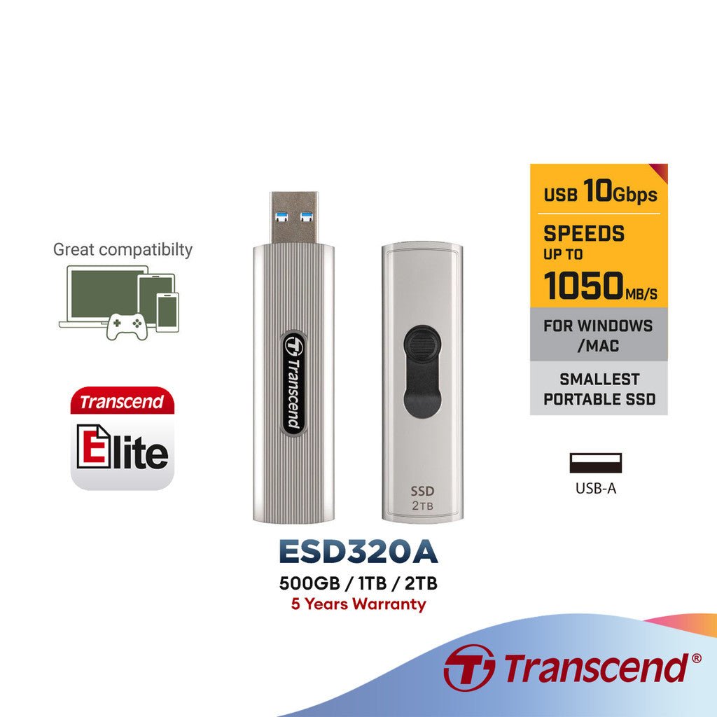 Transcend ESD320A Smallest Portable External SSD, USB-A Connector, USB ...