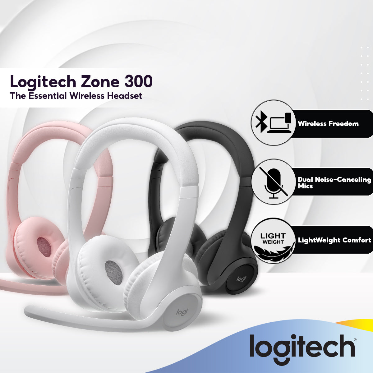 Logitech Zone 300 Wireless Bluetooth Headset With Noise-Canceling Micr ...