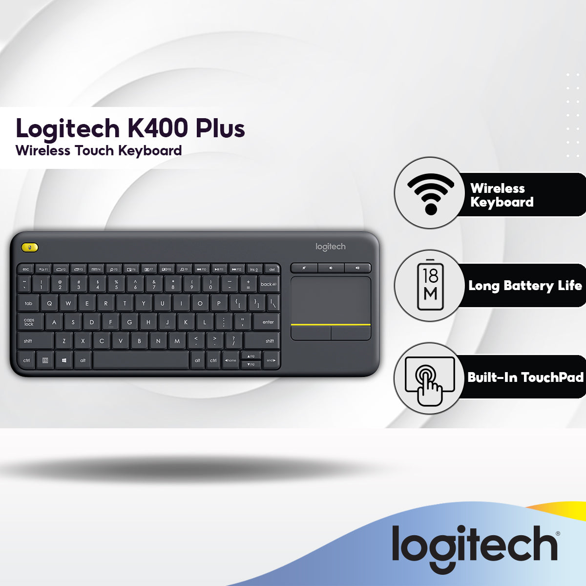 Logitech K400 Plus Wireless Touch Keyboard with Easy Media Control and ...