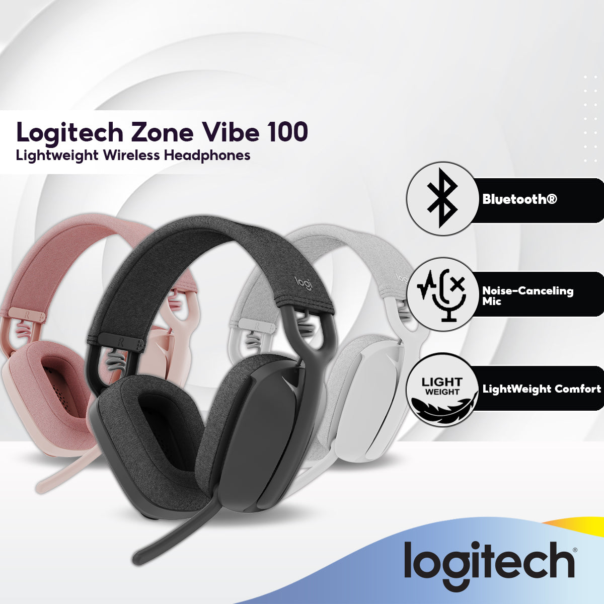 Logitech Zone Vibe 100 Lightweight Wireless Over Ear Headphones with N ...