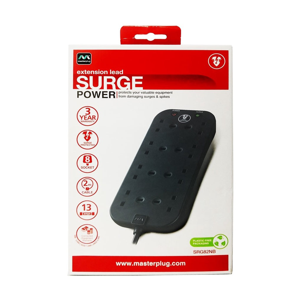 Masterplug Surge Protector 4 (SRG42NB) / 8 (SRG82NB) Gang 2 Meter Exte ...