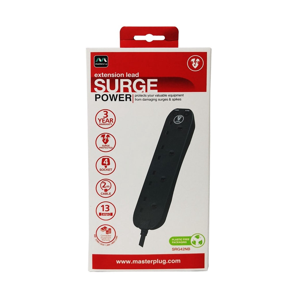 Masterplug Surge Protector 4 (SRG42NB) / 8 (SRG82NB) Gang 2 Meter Exte ...