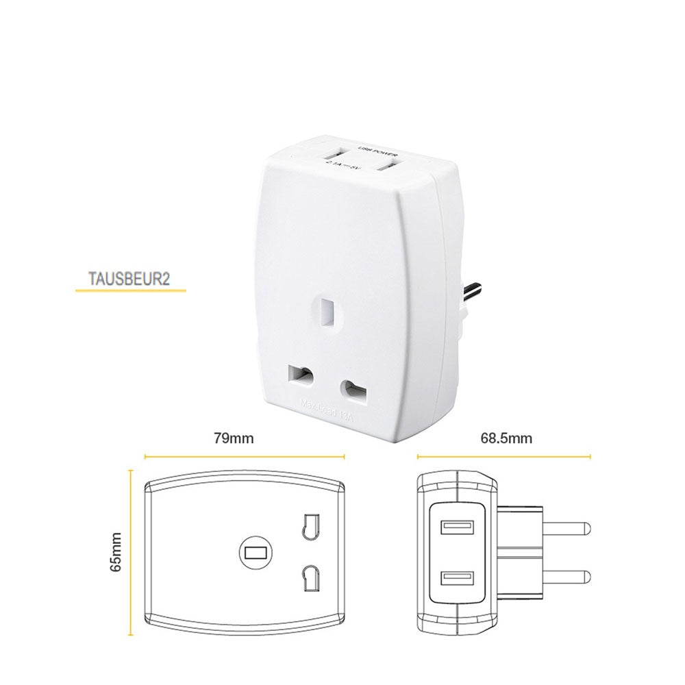 Masterplug Travel Adapter with 2 USB (2.1A) UK (TAUSBEUR2-MPA) / (TAUS ...